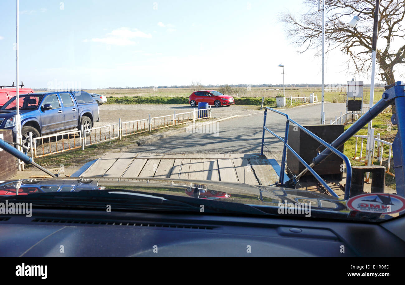 Reedham Ferry docking with vehicle about to disembark on the Norfolk ...