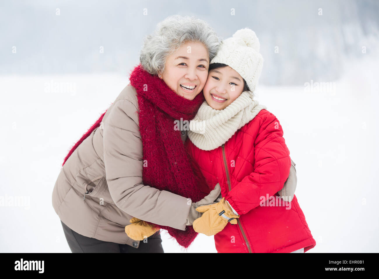 Happy grandmother and granddaughter embracing on the snow Stock Photo ...