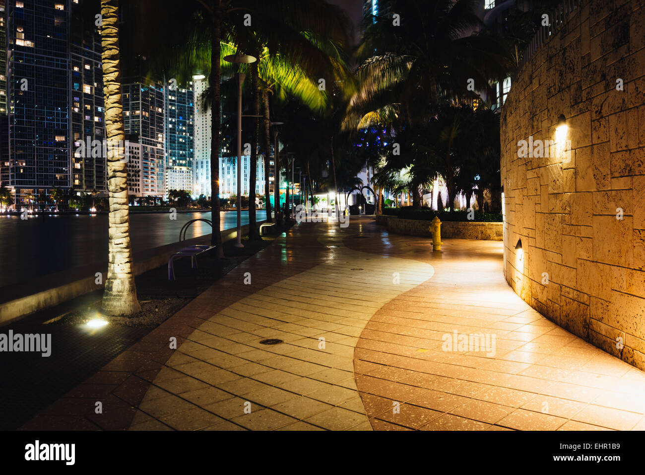 The Miami River Waterfront at night, in downtown Miami, Florida Stock ...