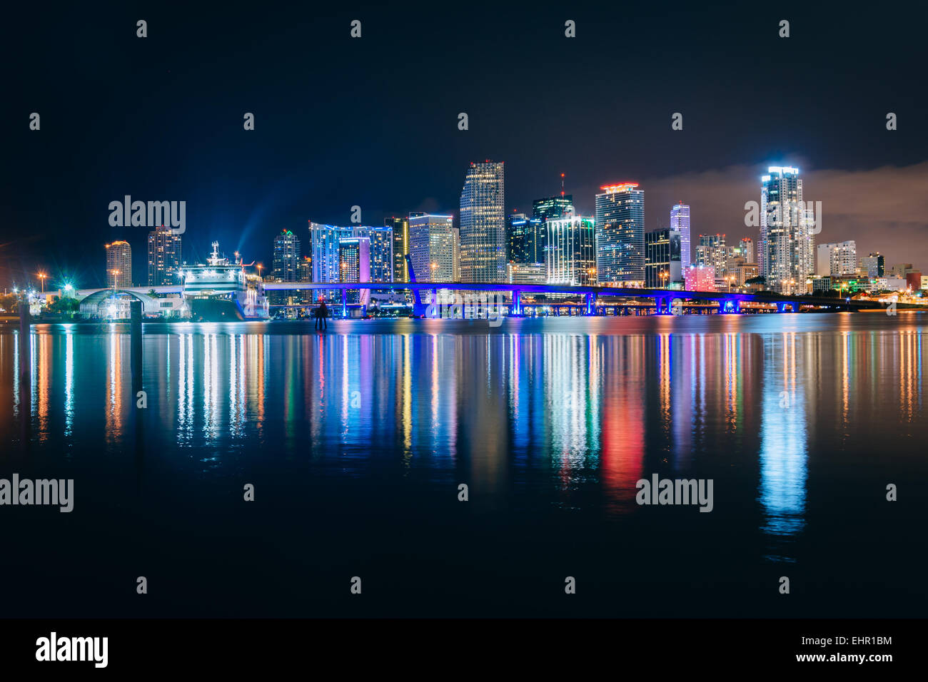 The Miami Skyline at night, seen from Watson Island, Miami, Florida ...