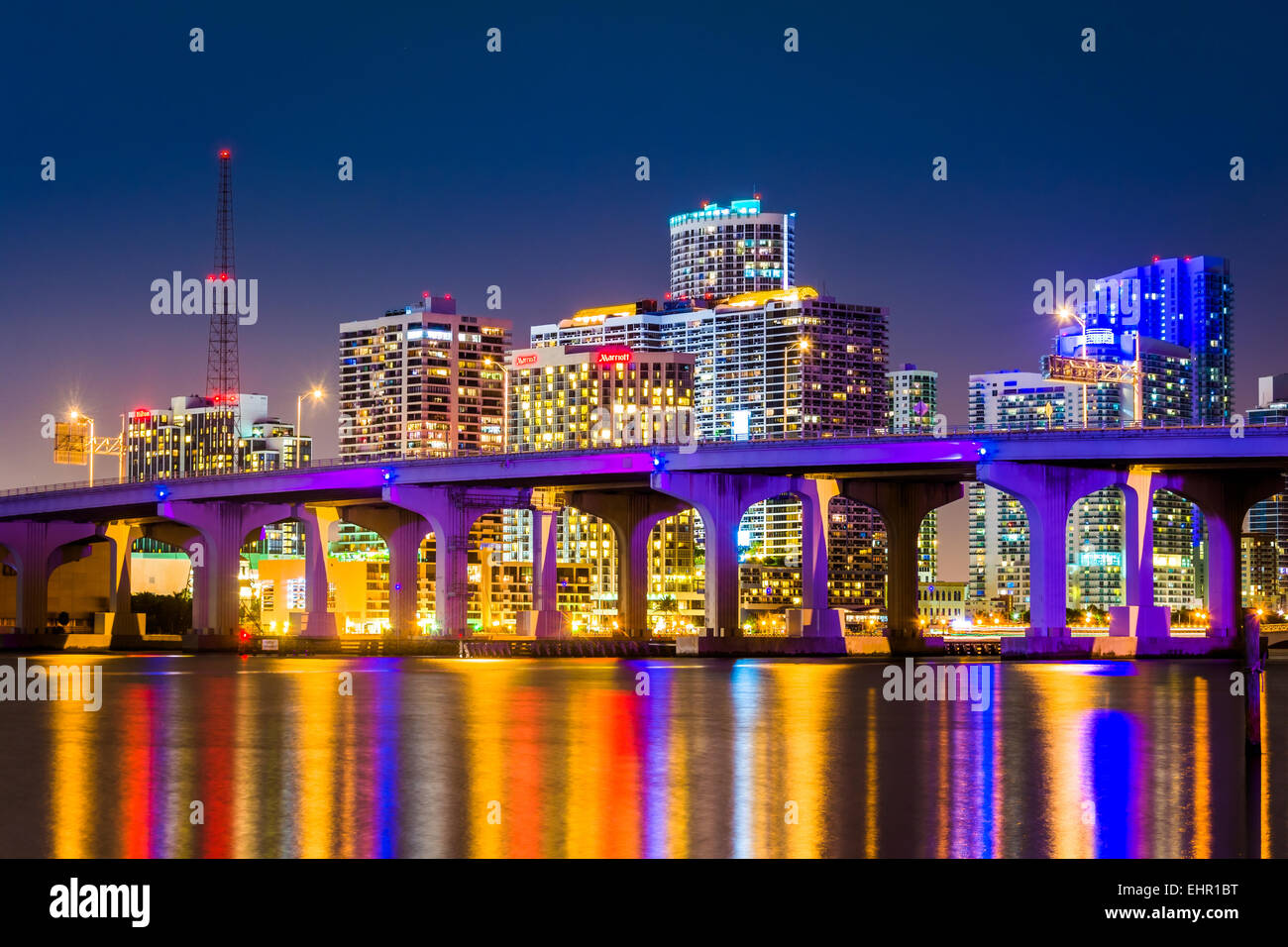 The Miami Skyline at night, seen from Watson Island, Miami, Florida ...