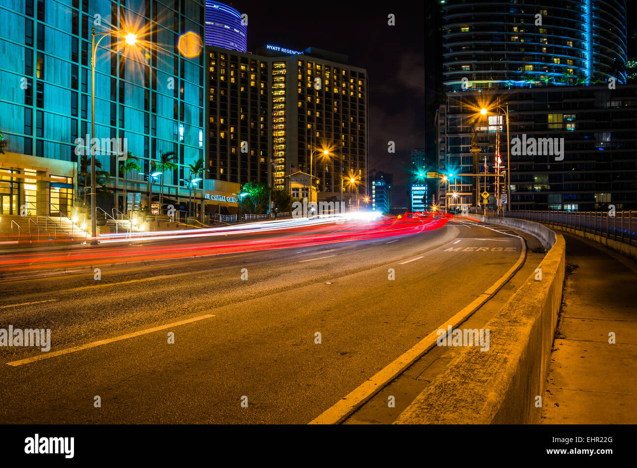 Traffic on Brickell Avenue at night, in downtown Miami, Florida Stock ...