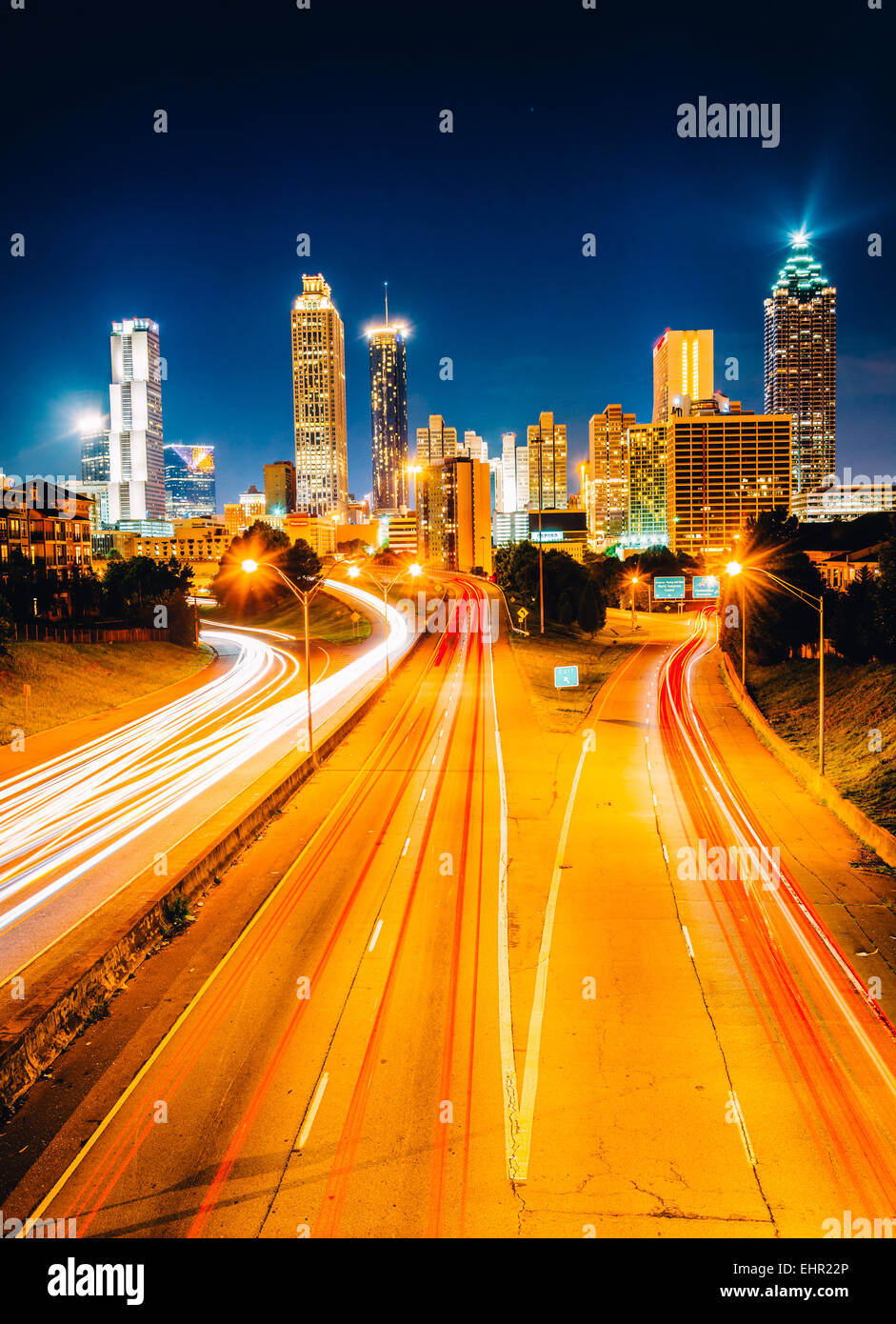 Traffic on Freedom Parkway and the Atlanta skyline at night, seen from ...
