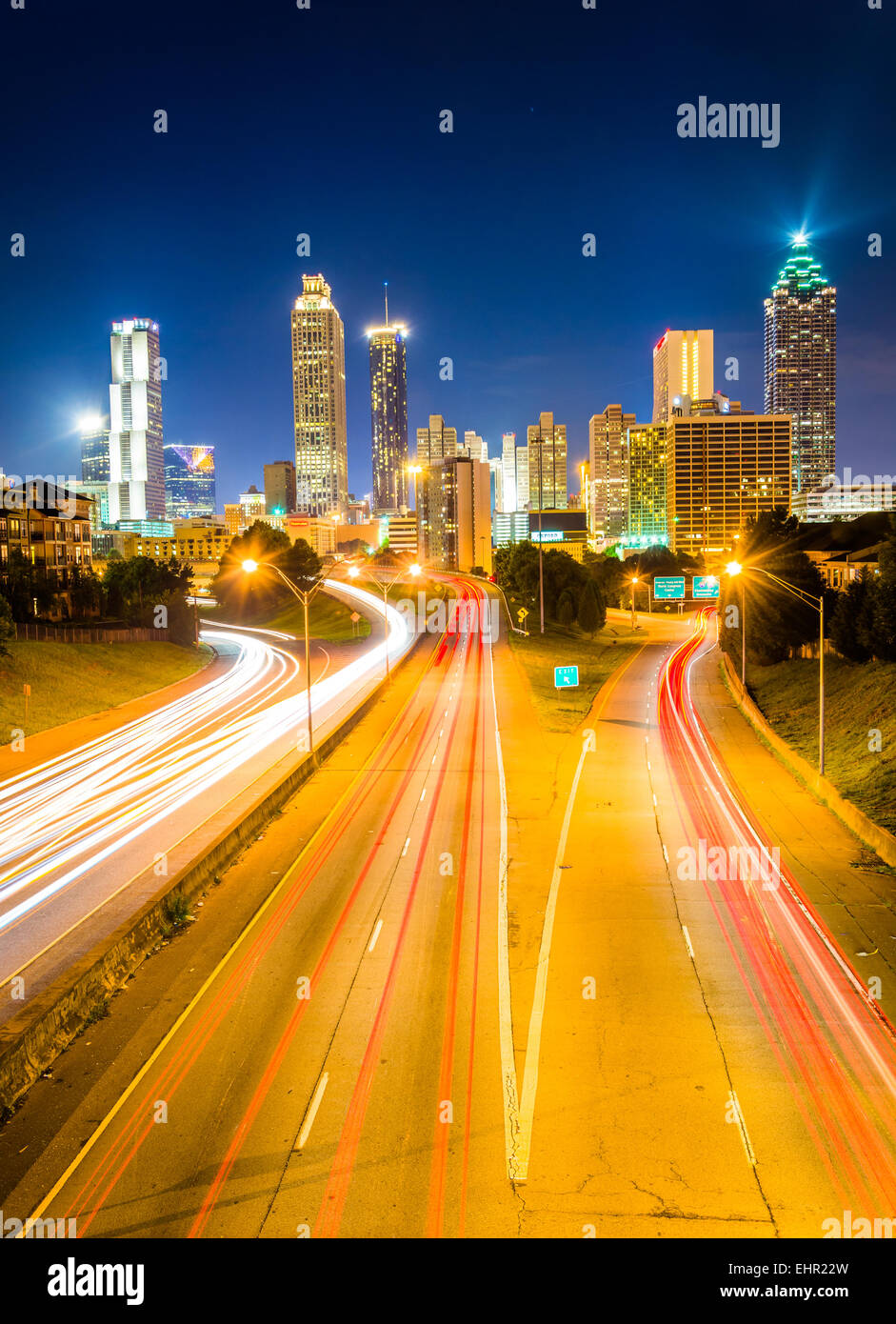 Traffic on Freedom Parkway and the Atlanta skyline at night, seen from ...