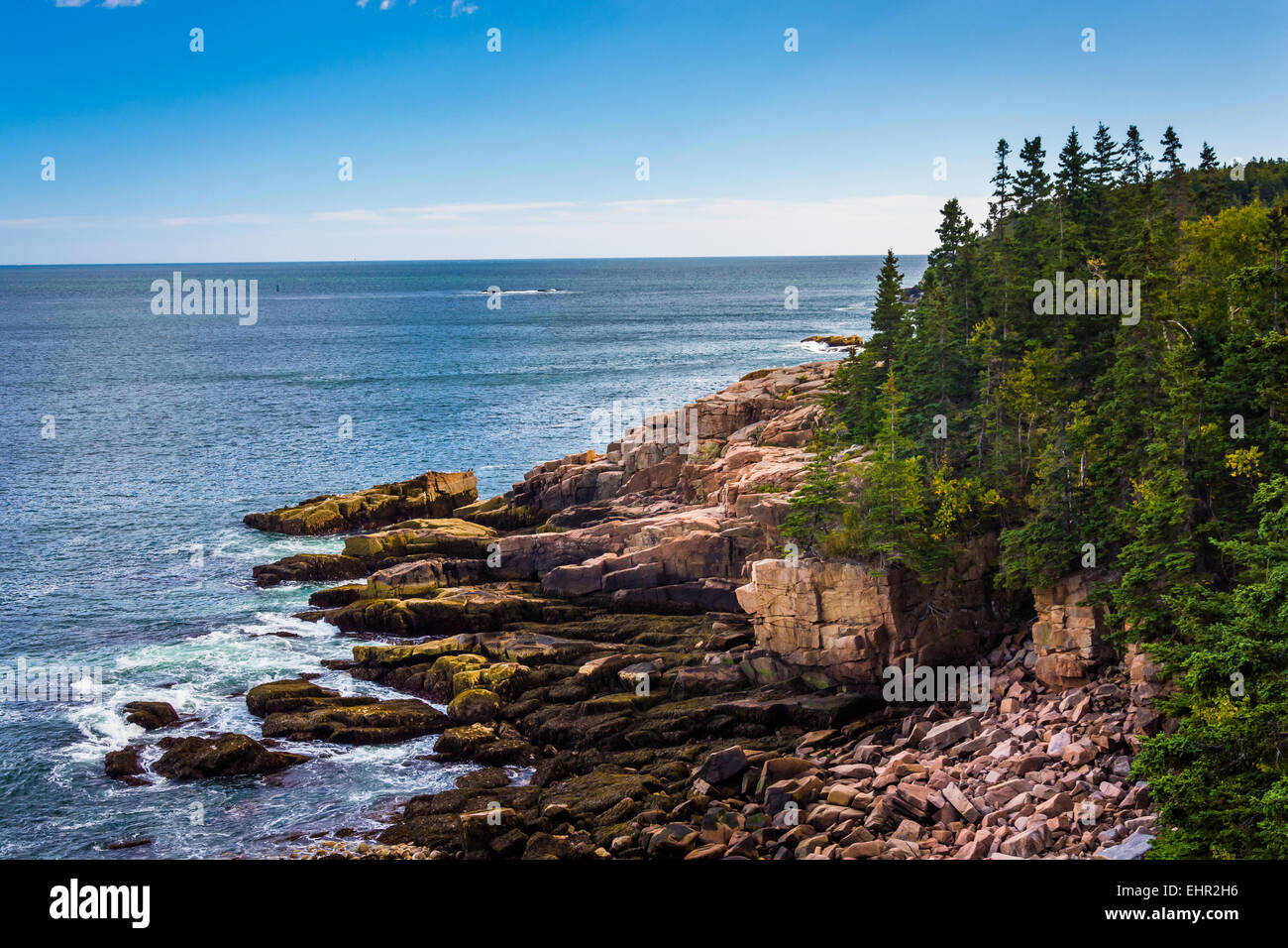View of cliffs and the Atlantic Ocean in Acadia National Park, Maine ...