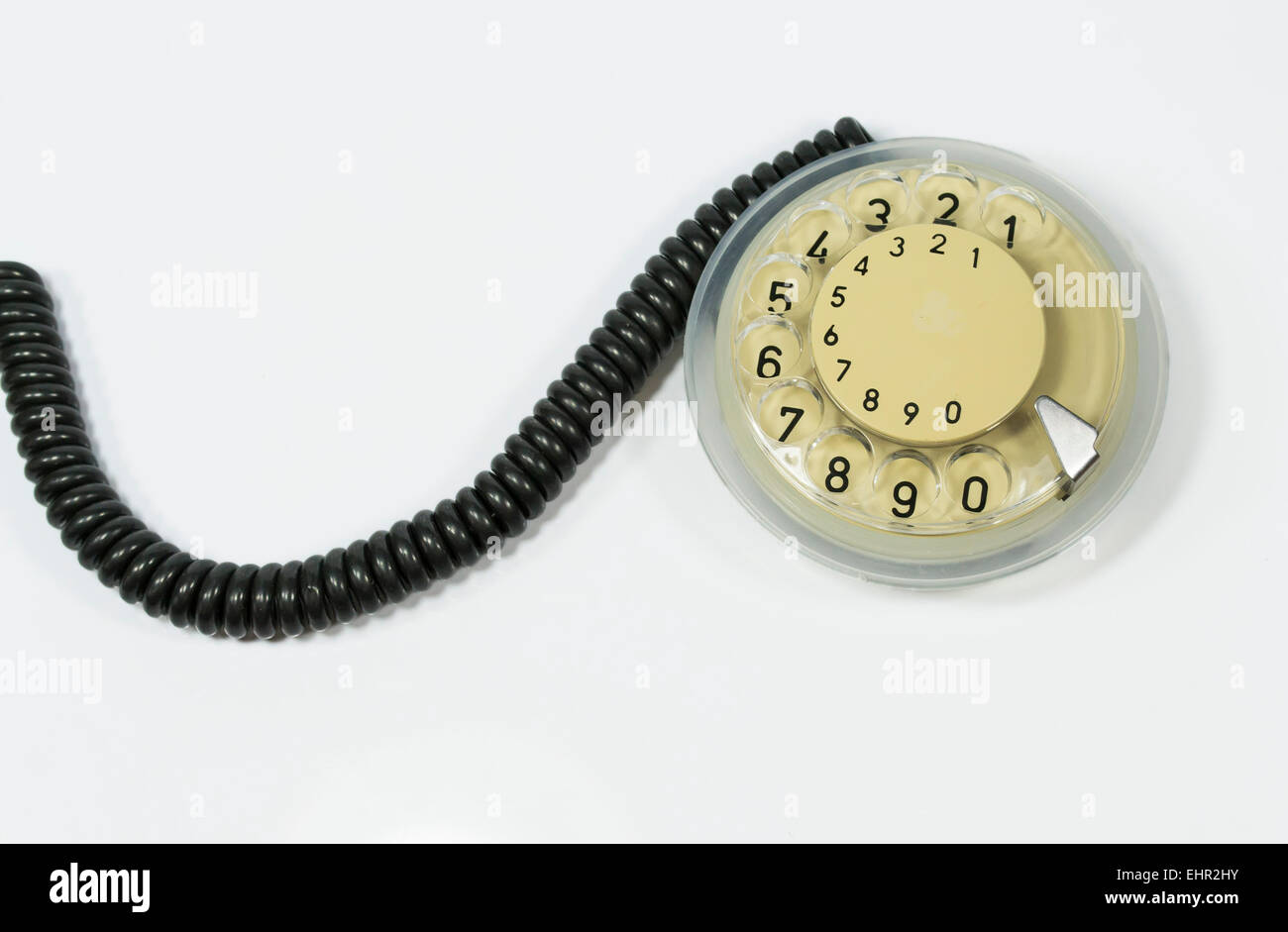 Vintage disc shaped phone dialer attached to a curled up communications ...