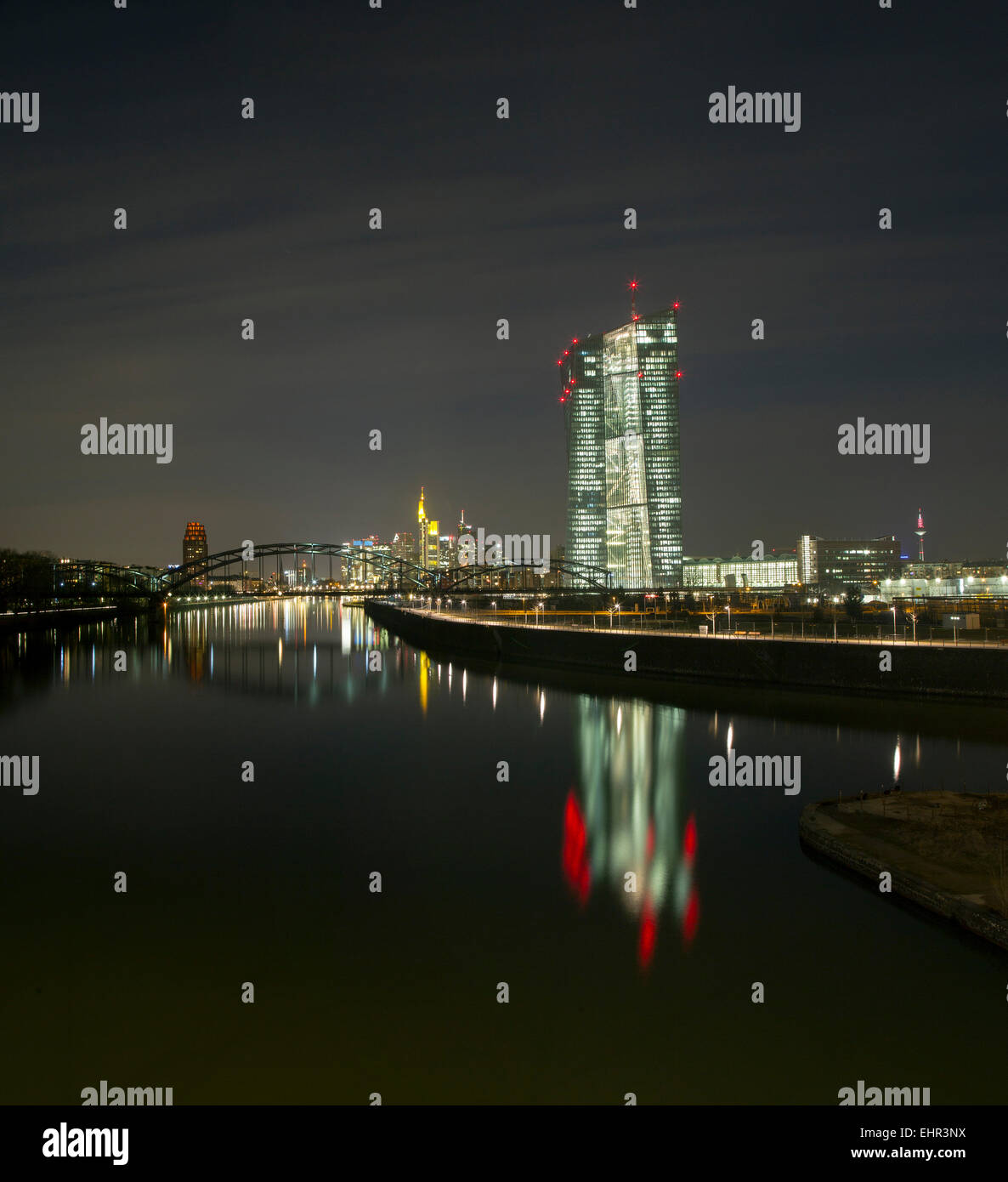 Distant view to the new European Bank Headquarters at night. European ...