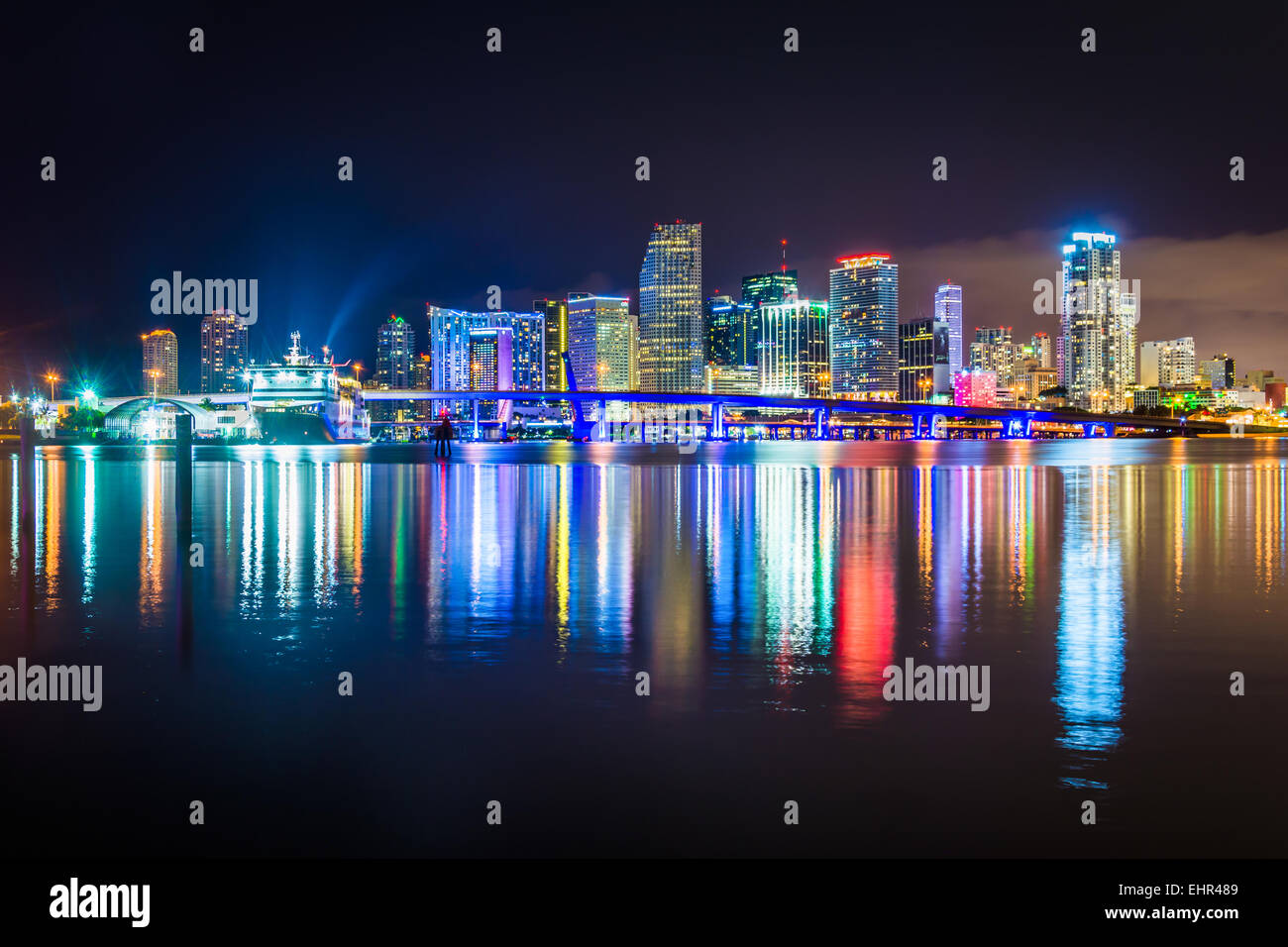 The Miami Skyline at night, seen from Watson Island, Miami, Florida ...