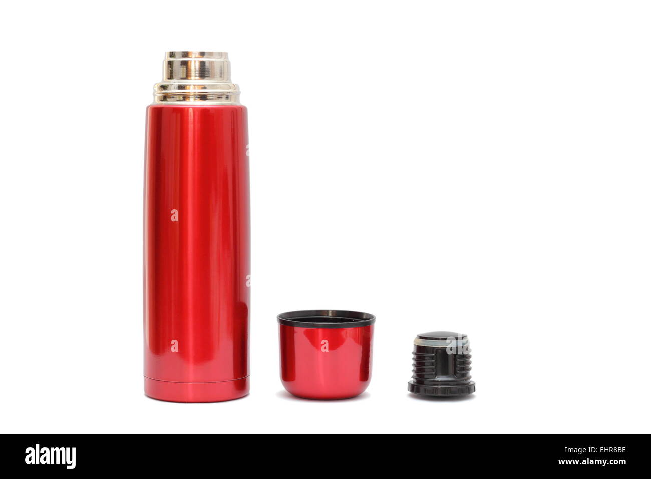 open red thermo bottle with shadows over white background Stock Photo ...