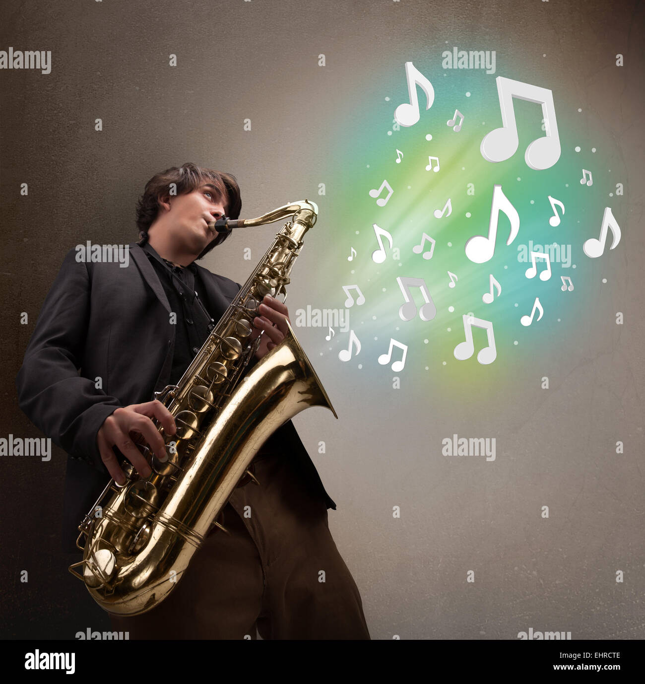 Young musician playing on saxophone while musical notes exploding Stock ...