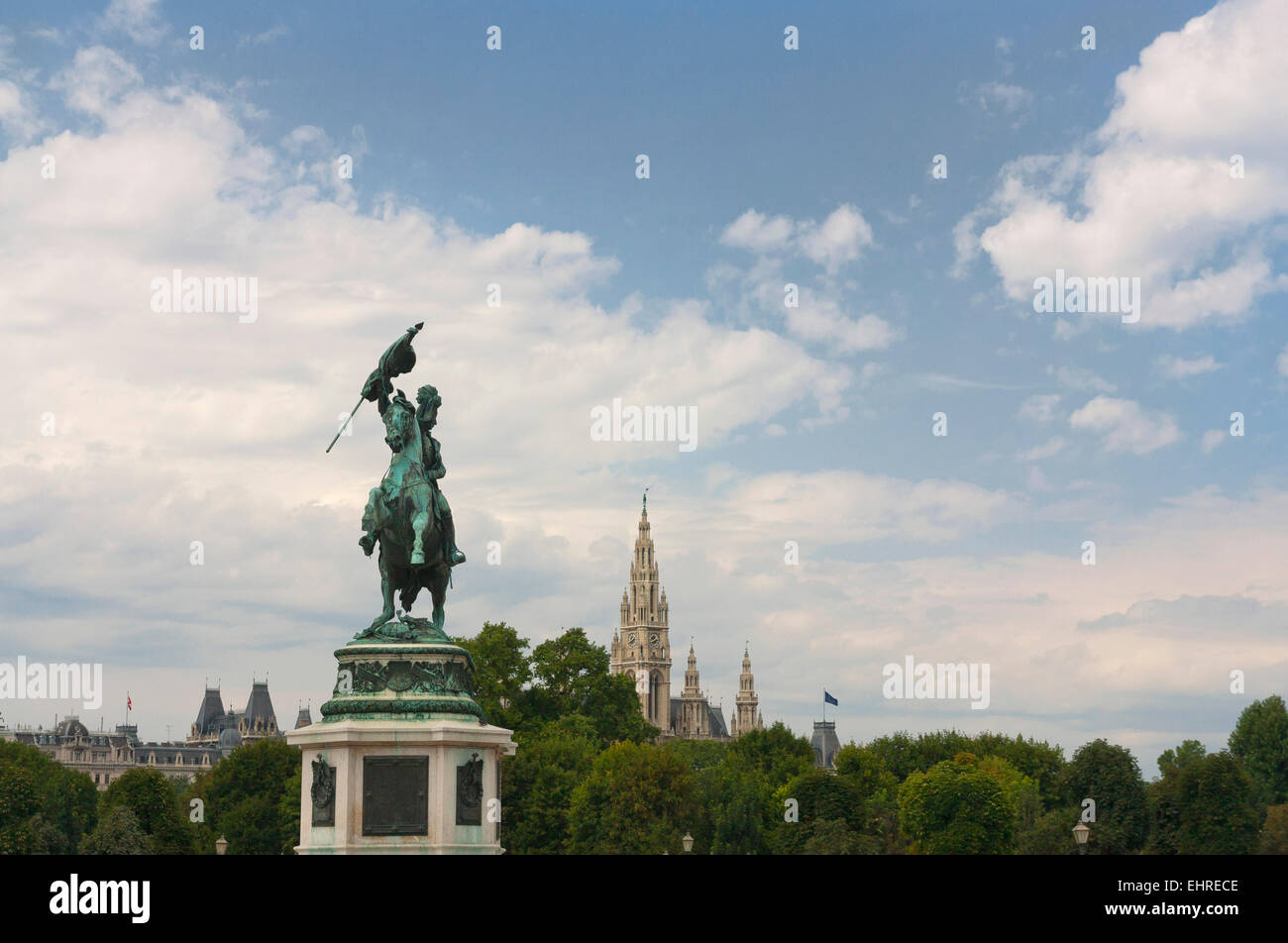 Vienna skyline with Rathaus and equestrian statue of Archduke Karl ...