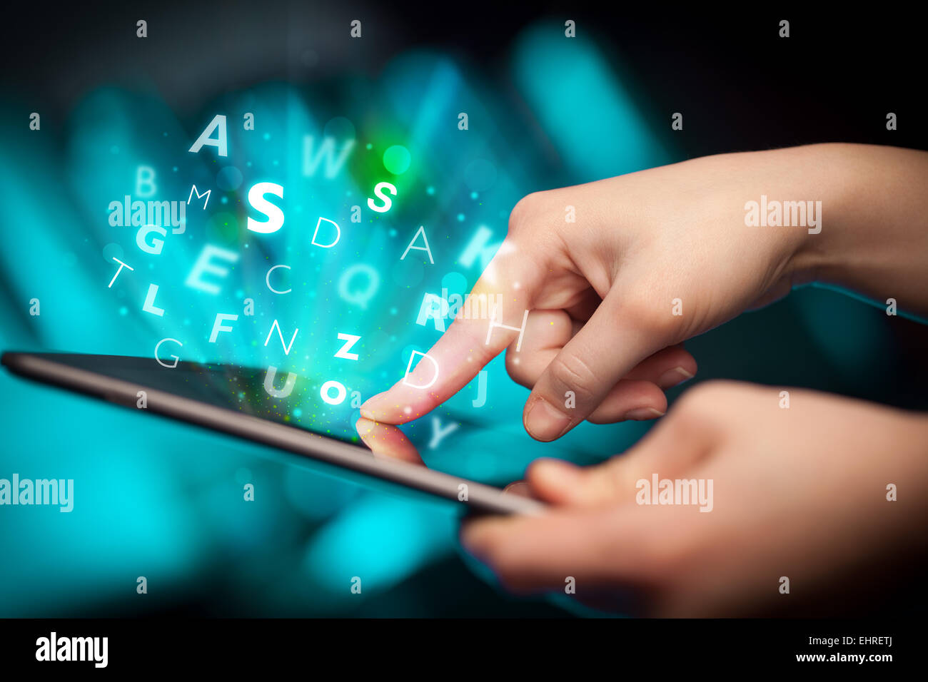 Finger pointing on tablet pc, letters concept Stock Photo - Alamy