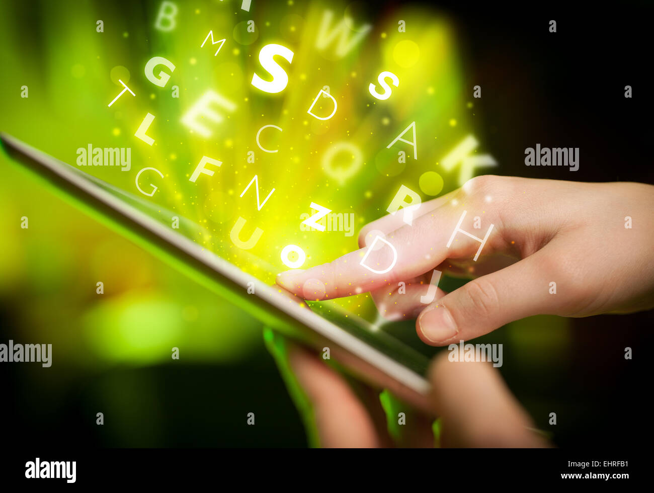 Finger pointing on tablet pc, letters concept Stock Photo - Alamy