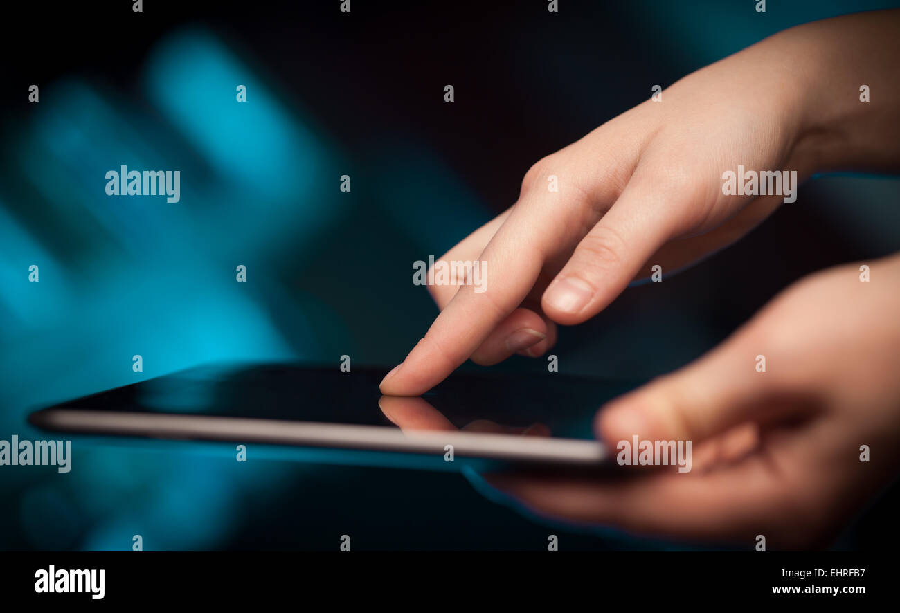 Finger pointing on tablet pc with empty space Stock Photo - Alamy