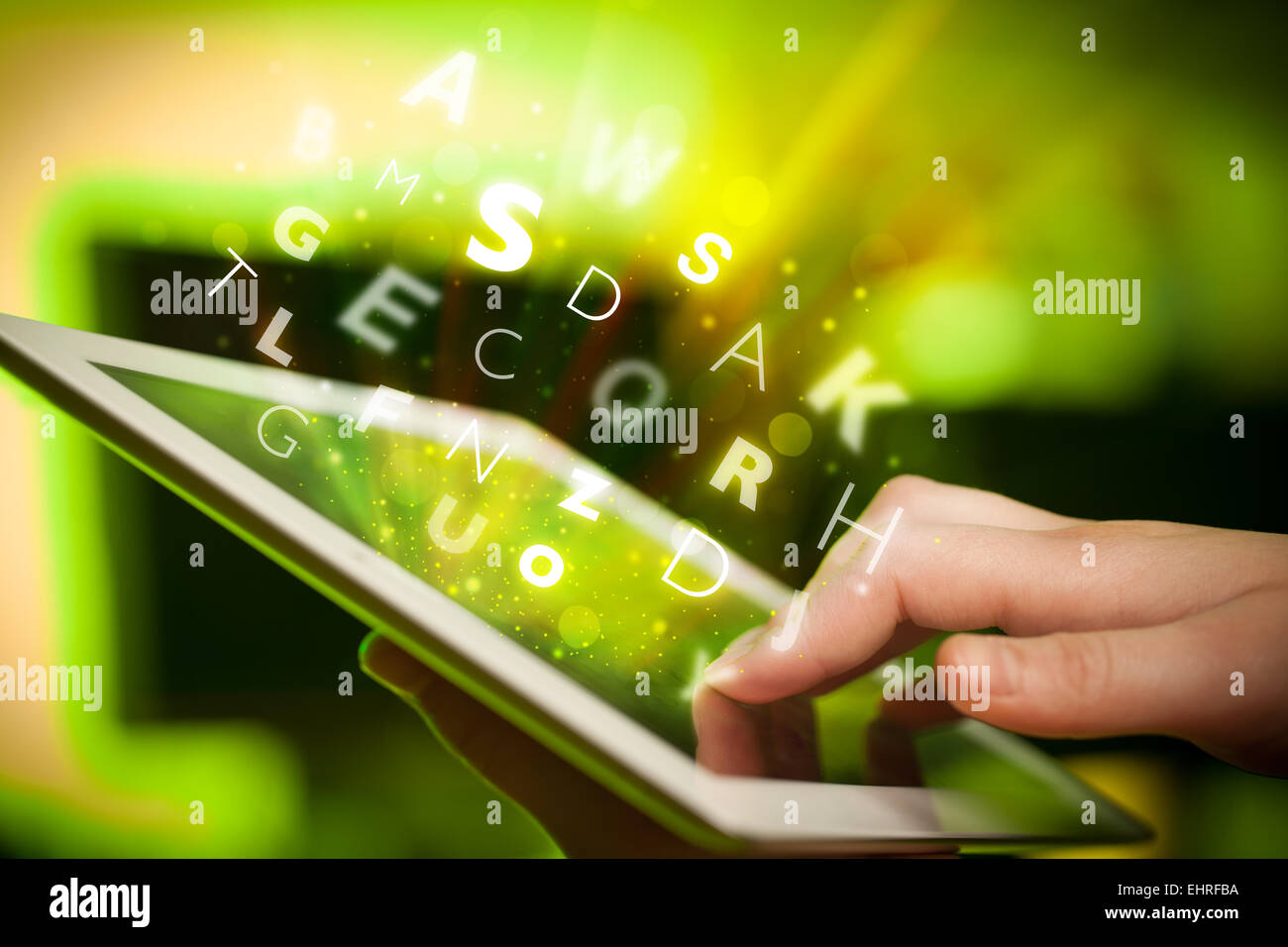 Finger pointing on tablet pc, letters concept Stock Photo - Alamy