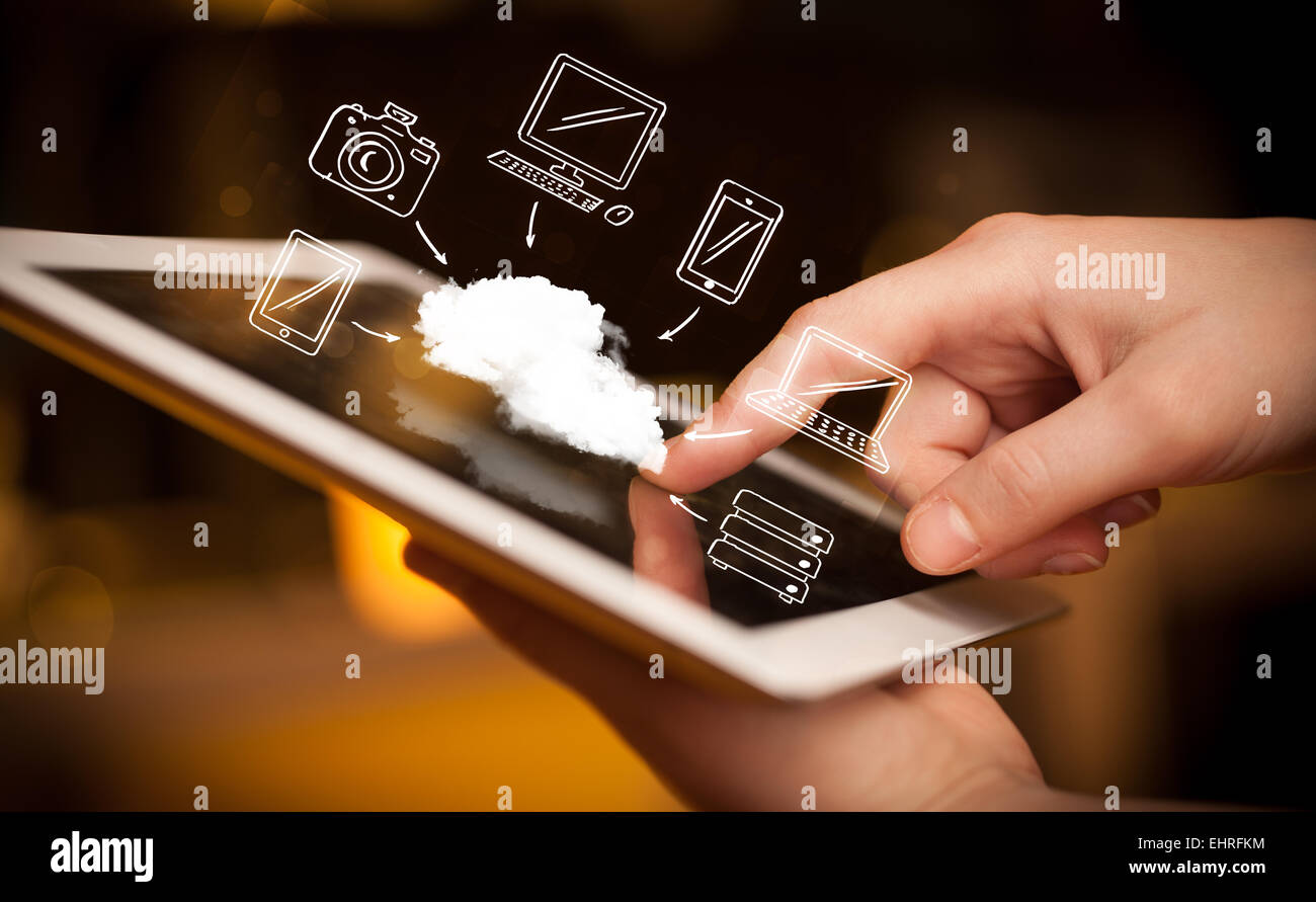 Finger pointing on tablet pc, mobile cloud concept Stock Photo - Alamy
