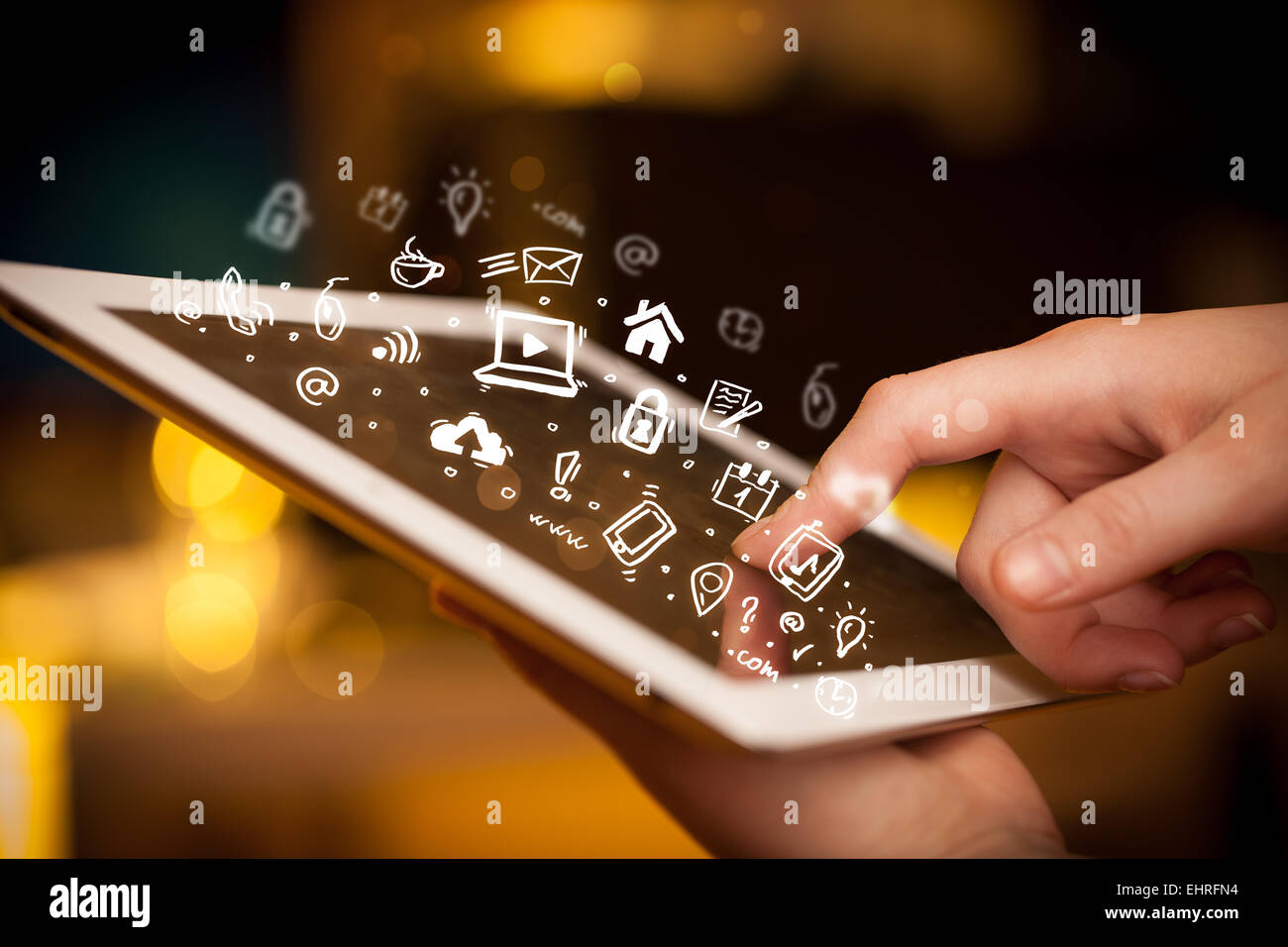 Finger pointing on tablet pc, social media concept Stock Photo - Alamy