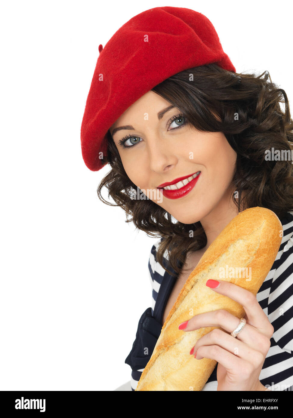 Confident Happy Young Woman Wearing A Red Beret And Striped Top Holding ...
