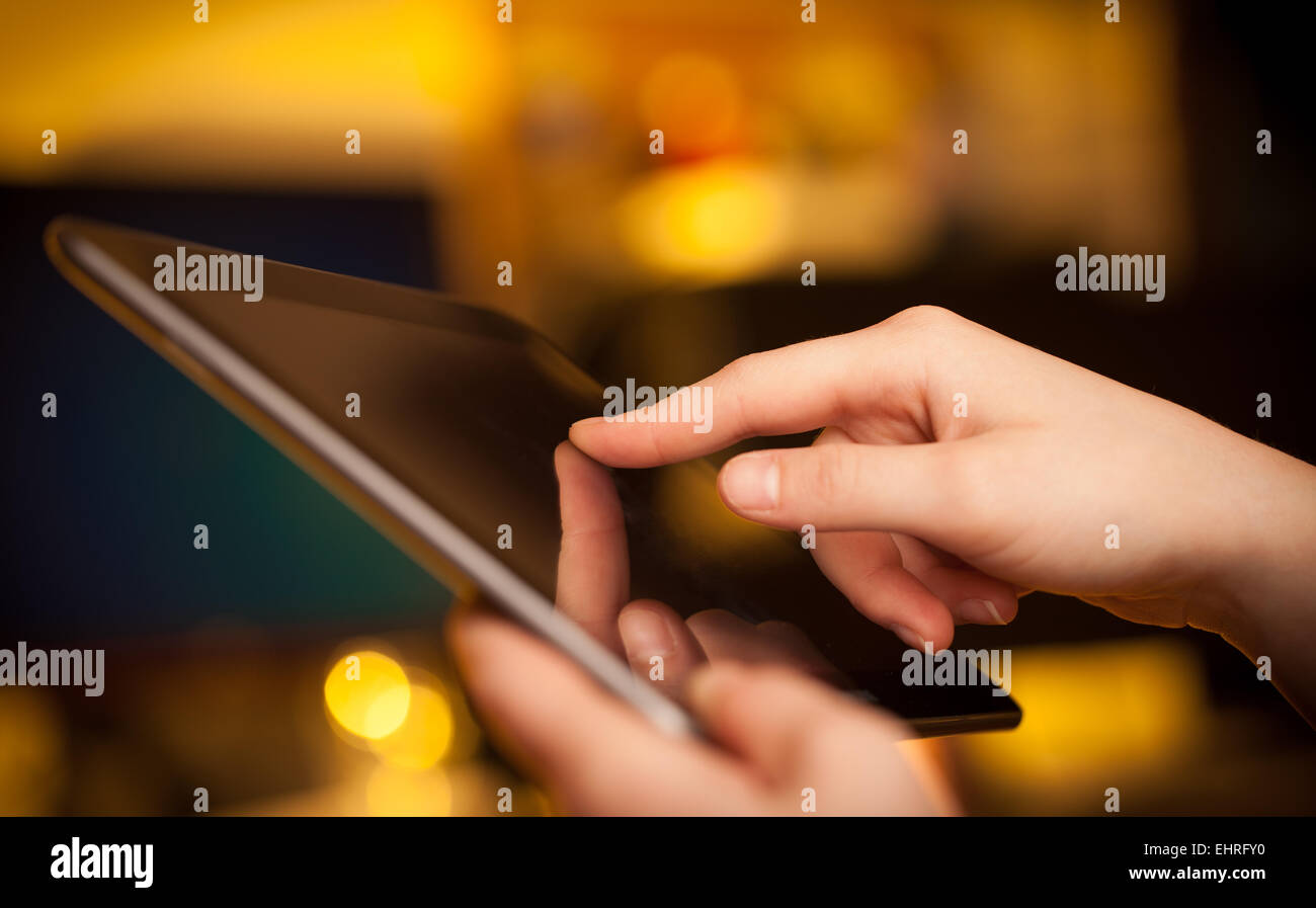 Finger pointing on tablet pc with empty space Stock Photo - Alamy