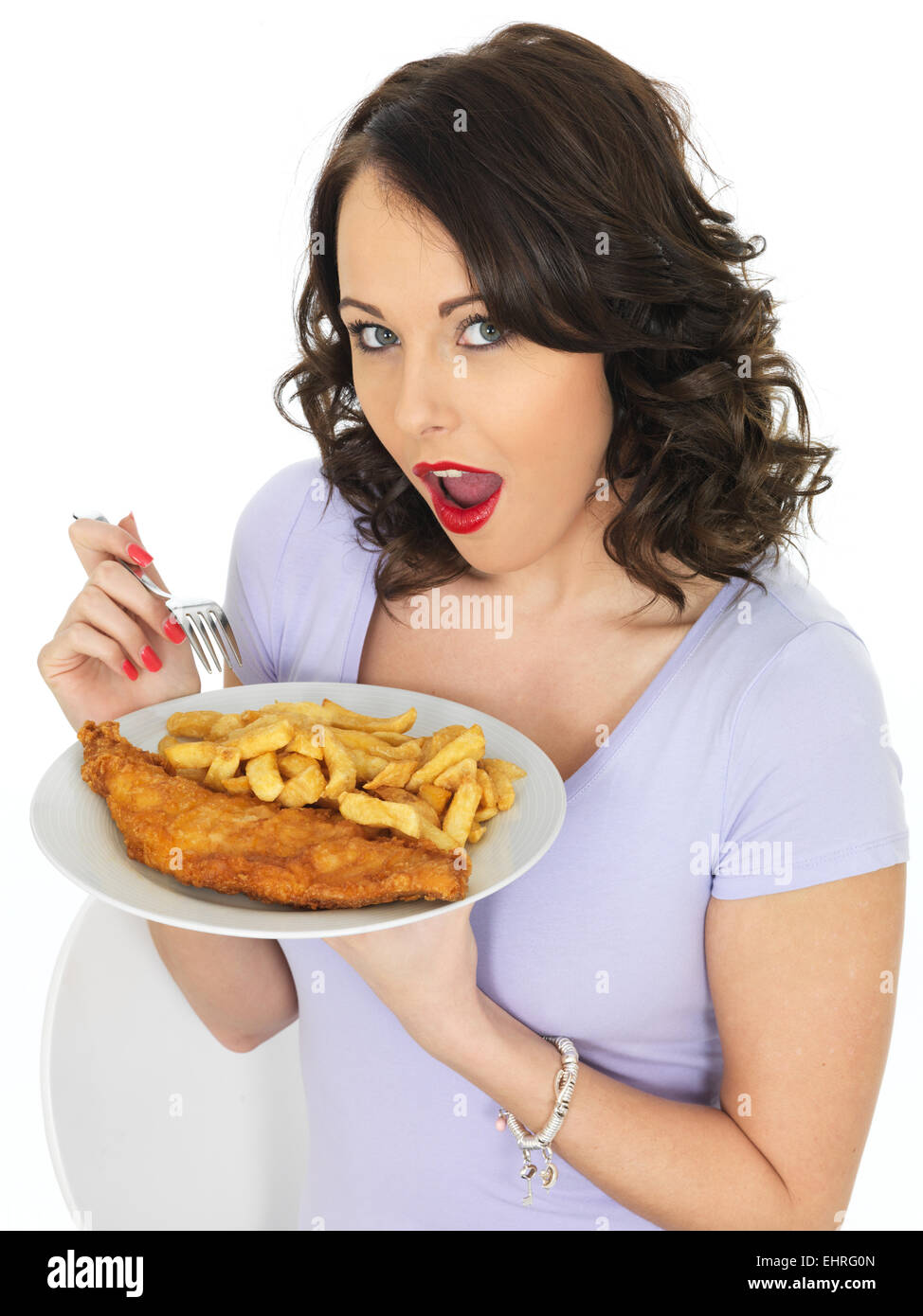 Positive Confident Young Woman Eating Traditional Chip Shop Takeaway ...
