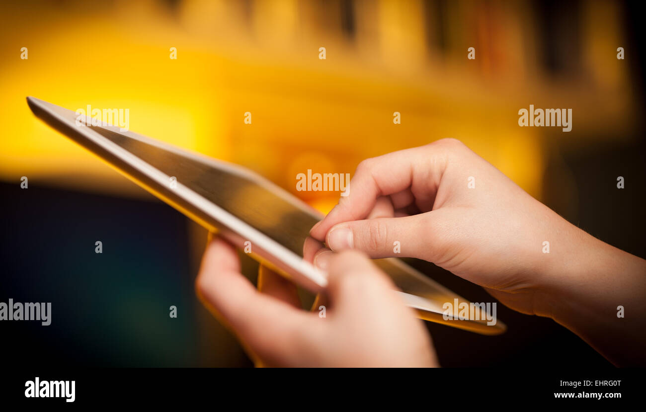 Finger pointing on tablet pc with empty space Stock Photo - Alamy