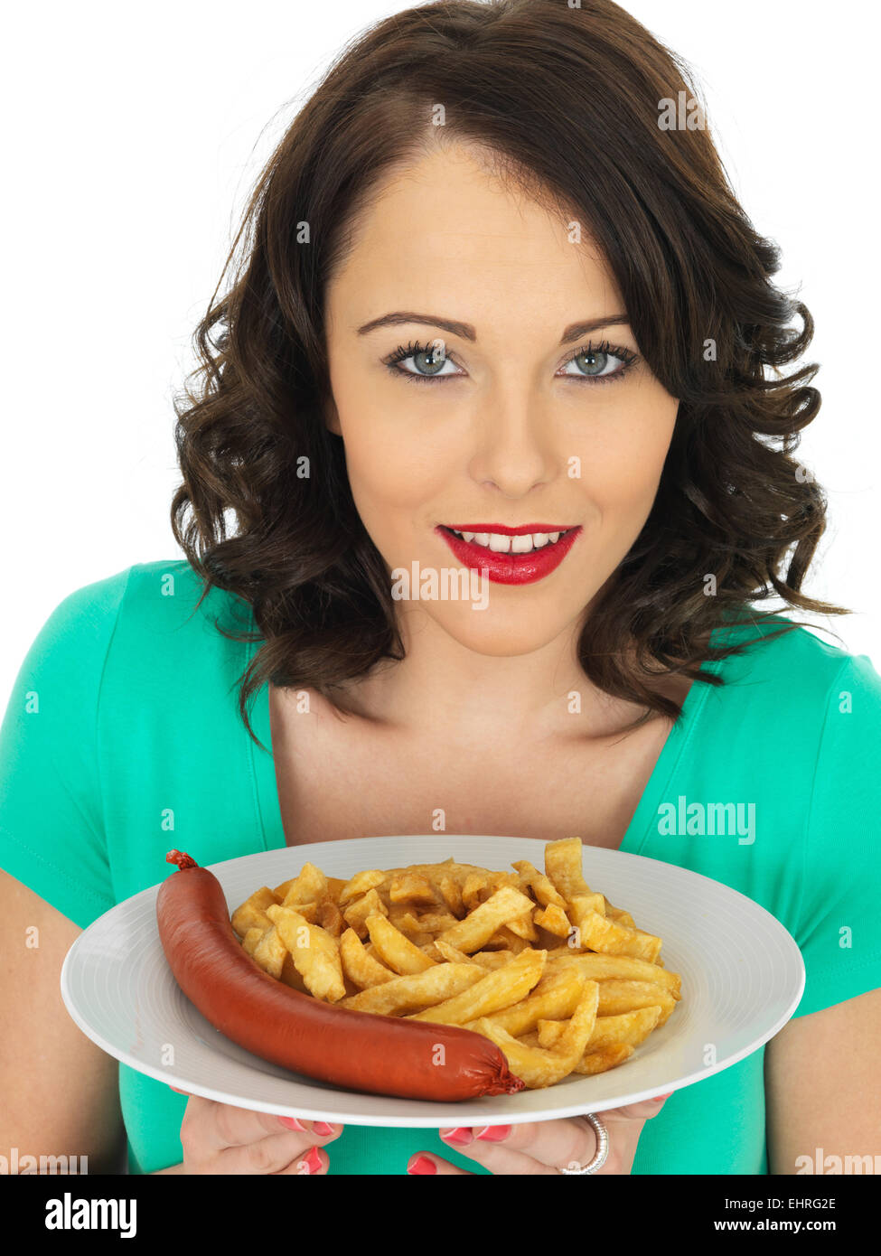 Confident Happy Young Woman Eating Authentic Chip Shop Takeaway Saveloy ...