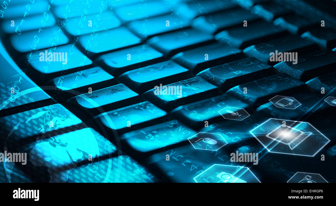 Keyboard with glowing multimedia icons Stock Photo - Alamy