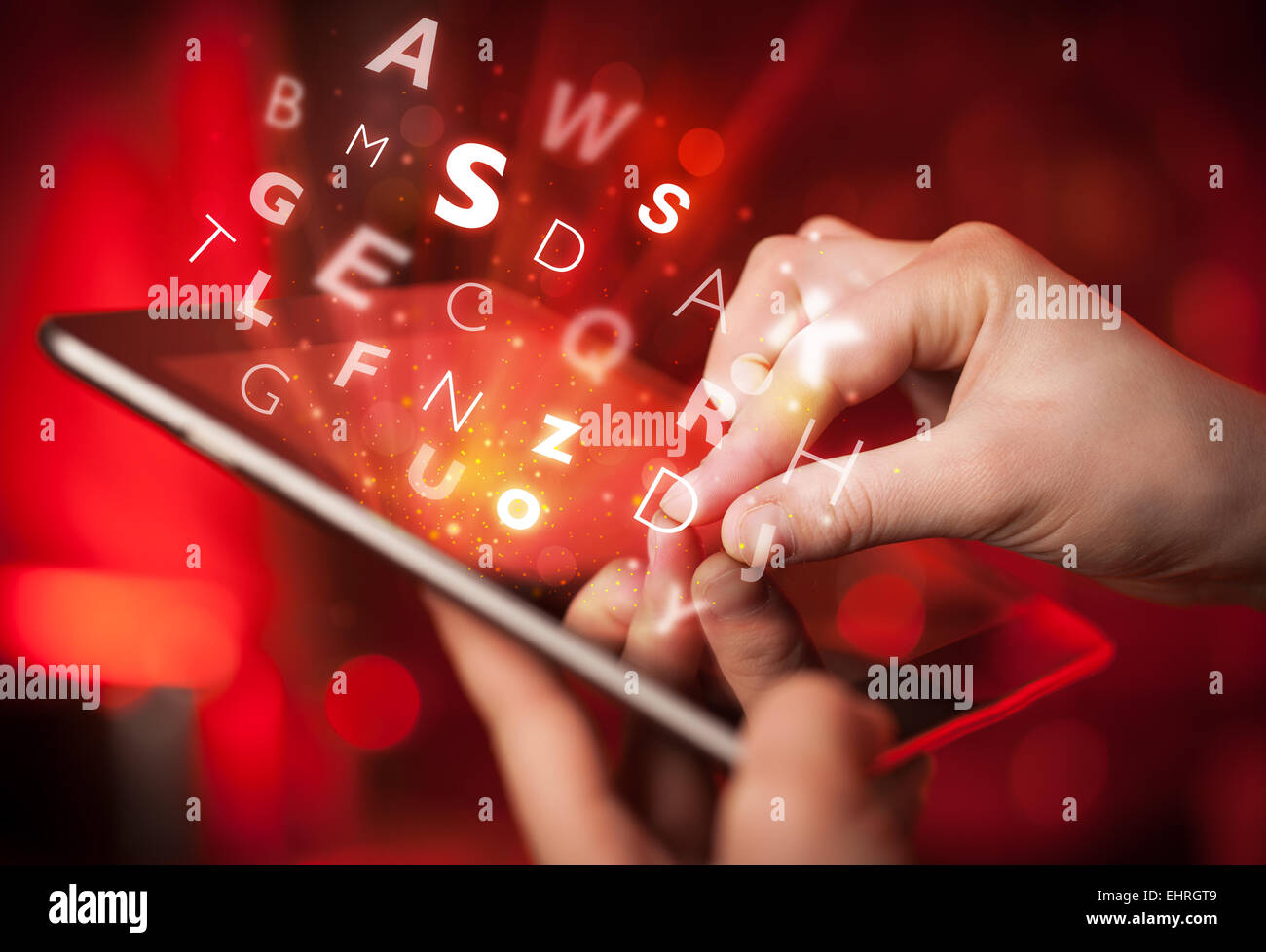 Finger pointing on tablet pc, letters concept Stock Photo - Alamy