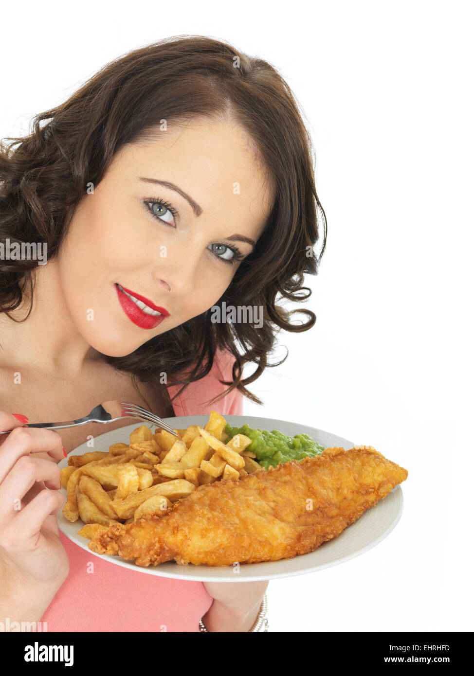Positive Confident Young Woman Eating Traditional Chip Shop Takeaway ...