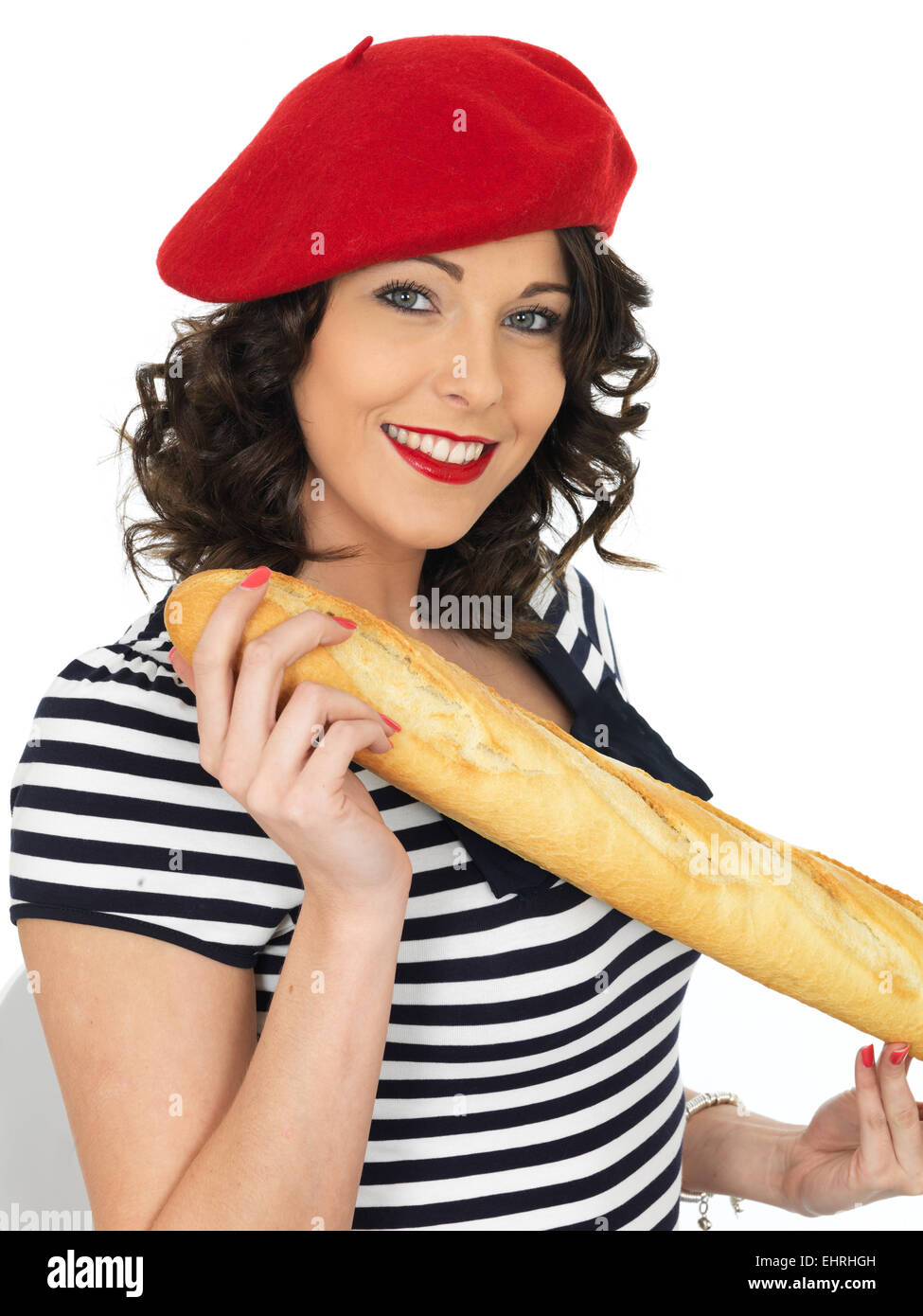 Confident Happy Young Woman Wearing A Red Beret And Striped Top Holding ...