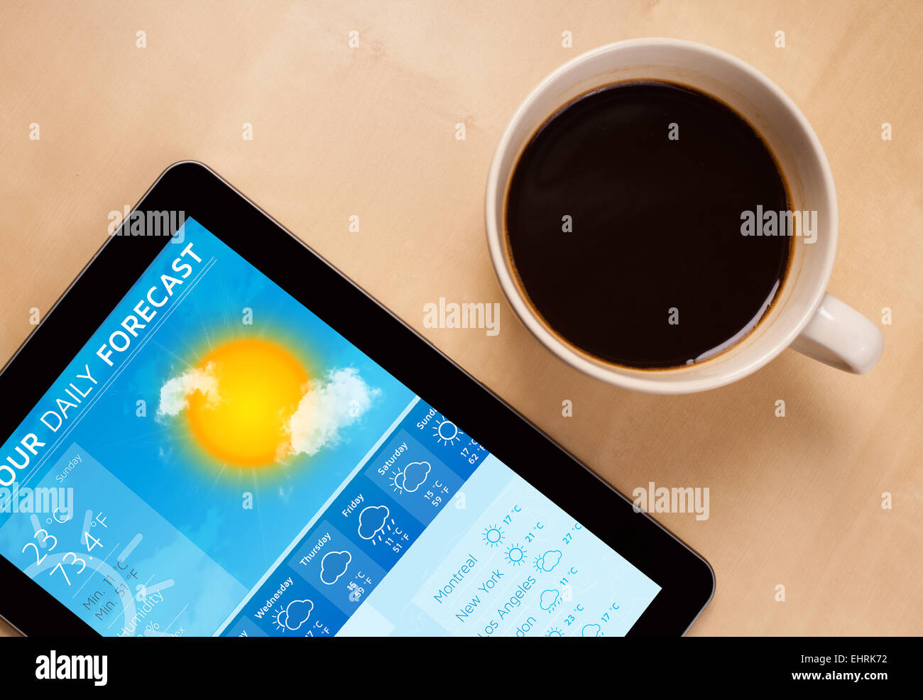Tablet pc showing weather forecast on screen with a cup of coffee on a ...