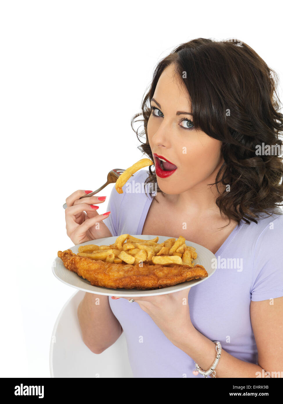 Positive Confident Young Woman Eating Traditional Chip Shop Takeaway ...