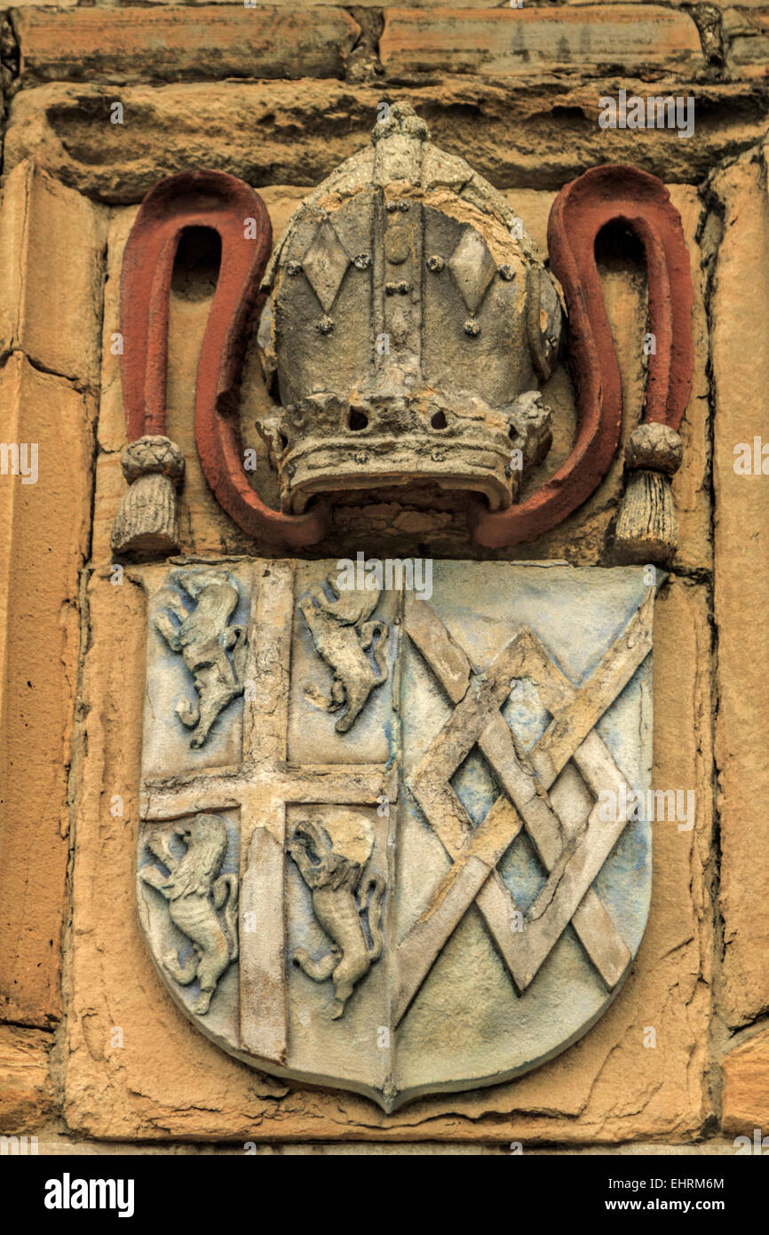 Coat of arms on Bishop Cosin's Almshouses, a 15th century building near ...