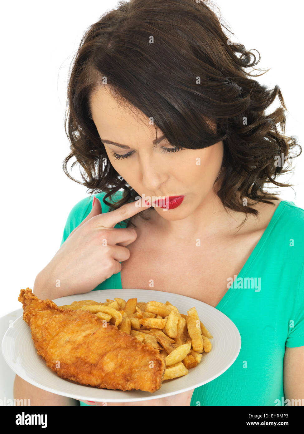 Positive Confident Young Woman Eating Traditional Chip Shop Takeaway ...
