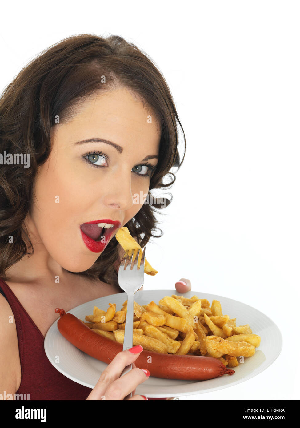 Confident Happy Young Woman Eating Authentic Chip Shop Takeaway Saveloy ...