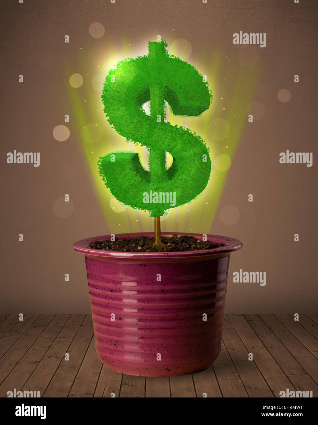 Dollar sign tree coming out of flowerpot Stock Photo - Alamy