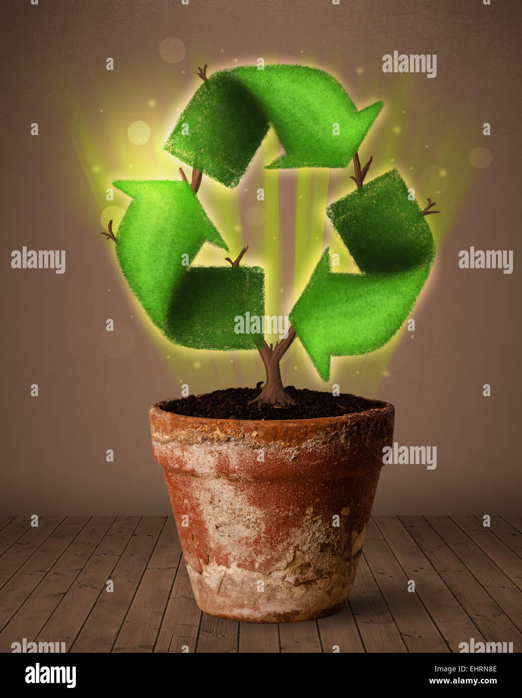 Recycle sign growing out of flowerpot Stock Photo - Alamy