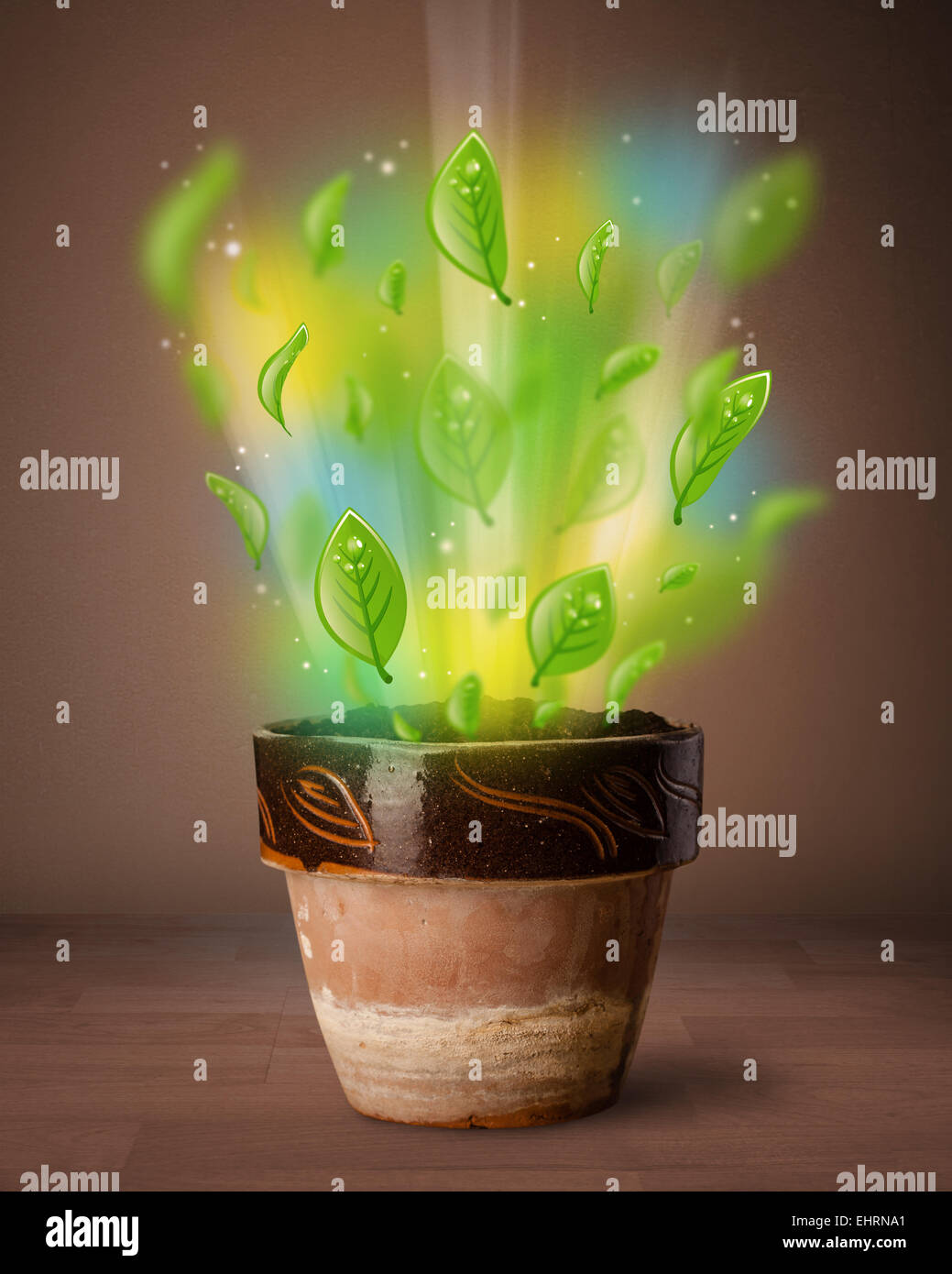 Glowing leaves coming out of flowerpot Stock Photo - Alamy