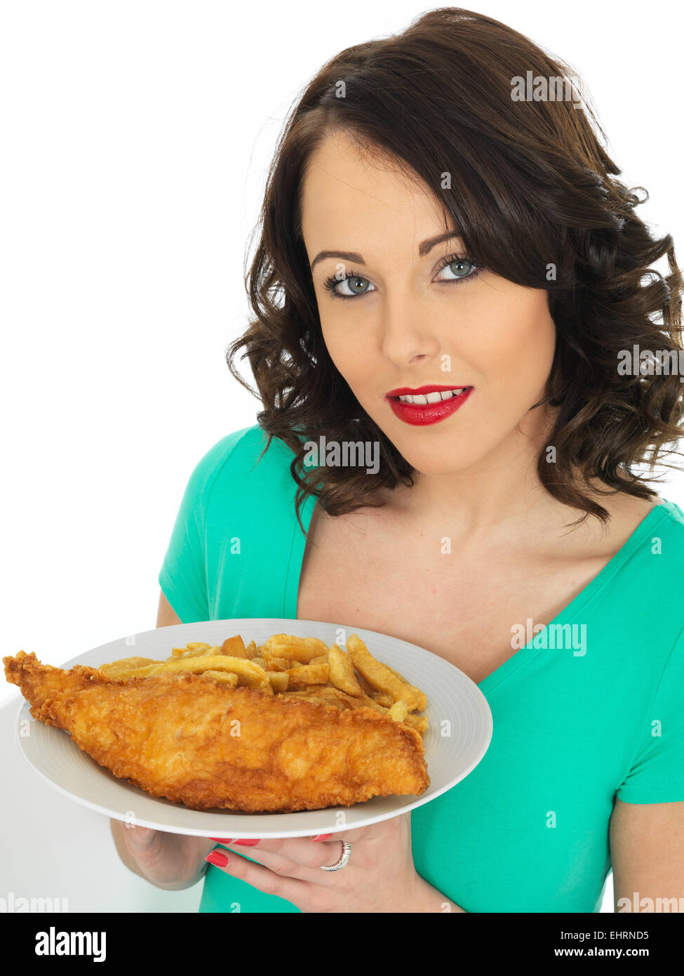 Positive Confident Young Woman Eating Traditional Chip Shop Takeaway ...