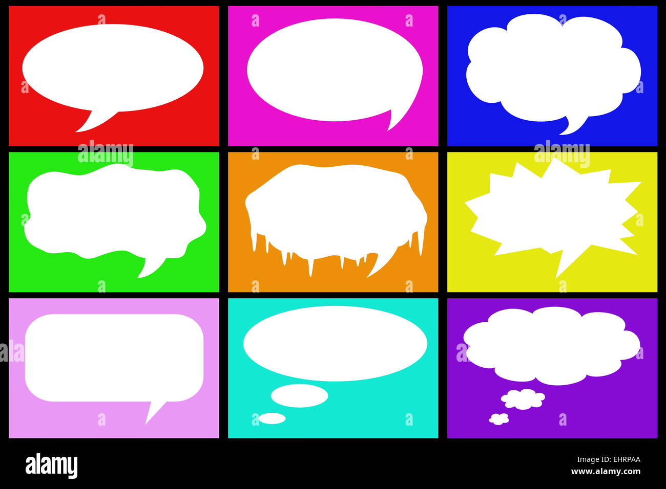 collection of white comic strips on colored backgrounds Stock Photo - Alamy