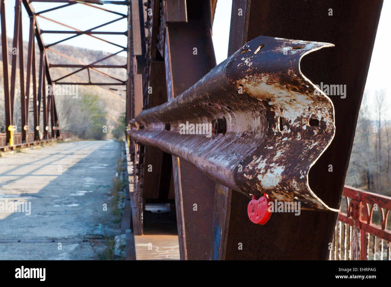 Red Lock as Love Symbol on the Rusty Bridge across Volga River near ...