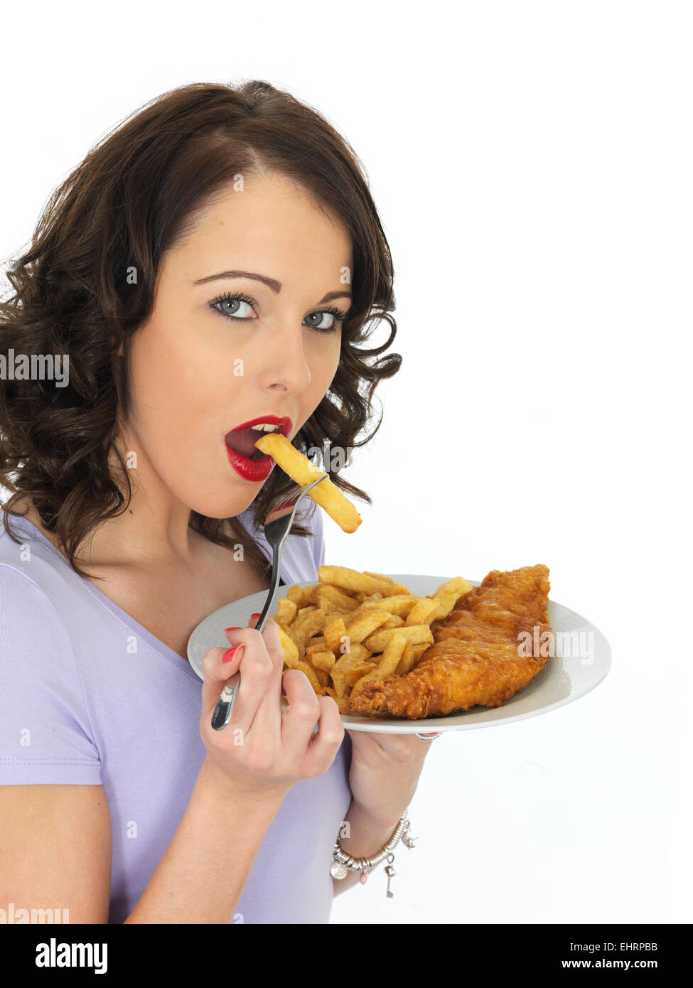 Positive Confident Young Woman Eating Traditional Chip Shop Takeaway ...