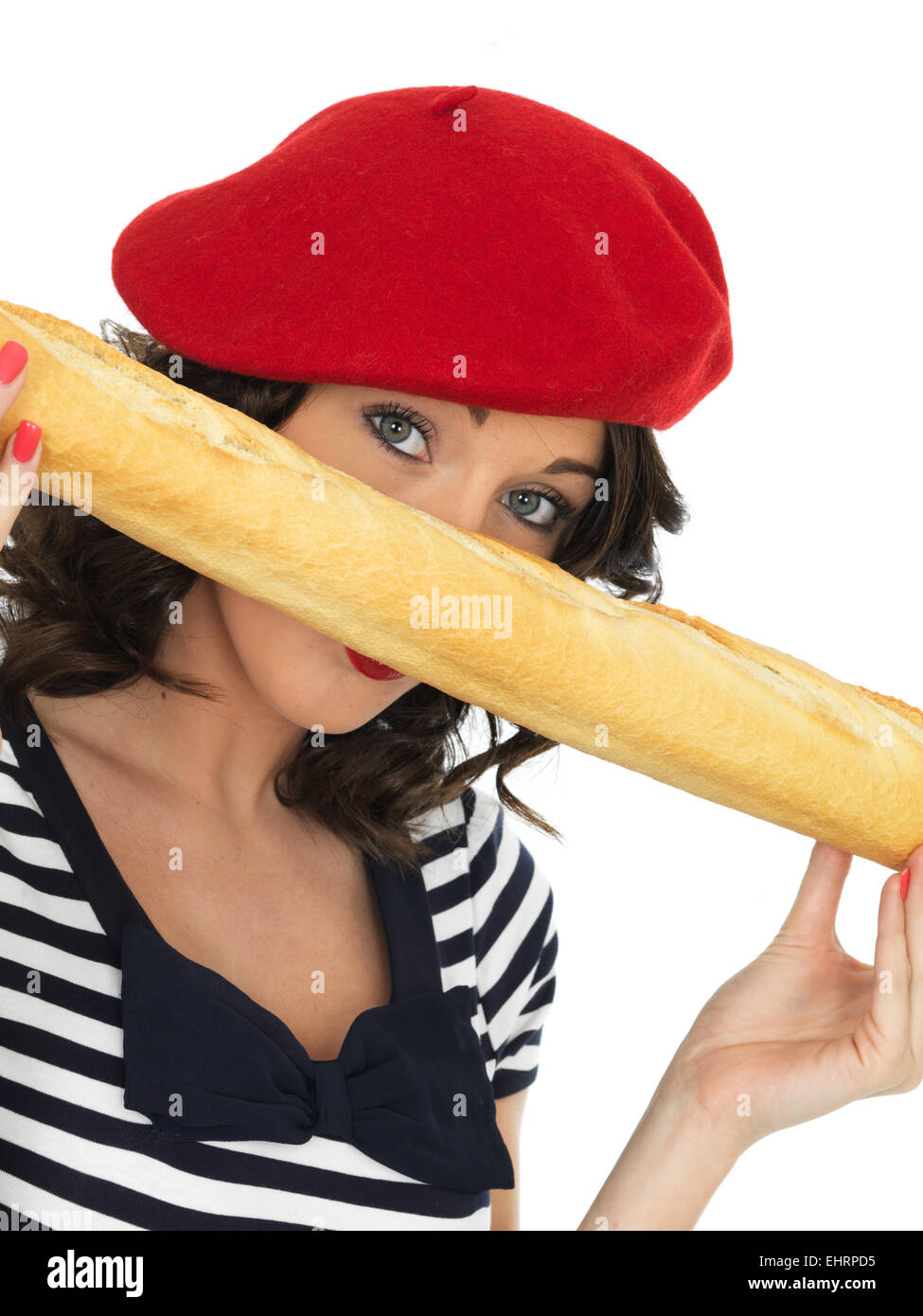 Confident Happy Young Woman Wearing A Red Beret And Stripped Top ...