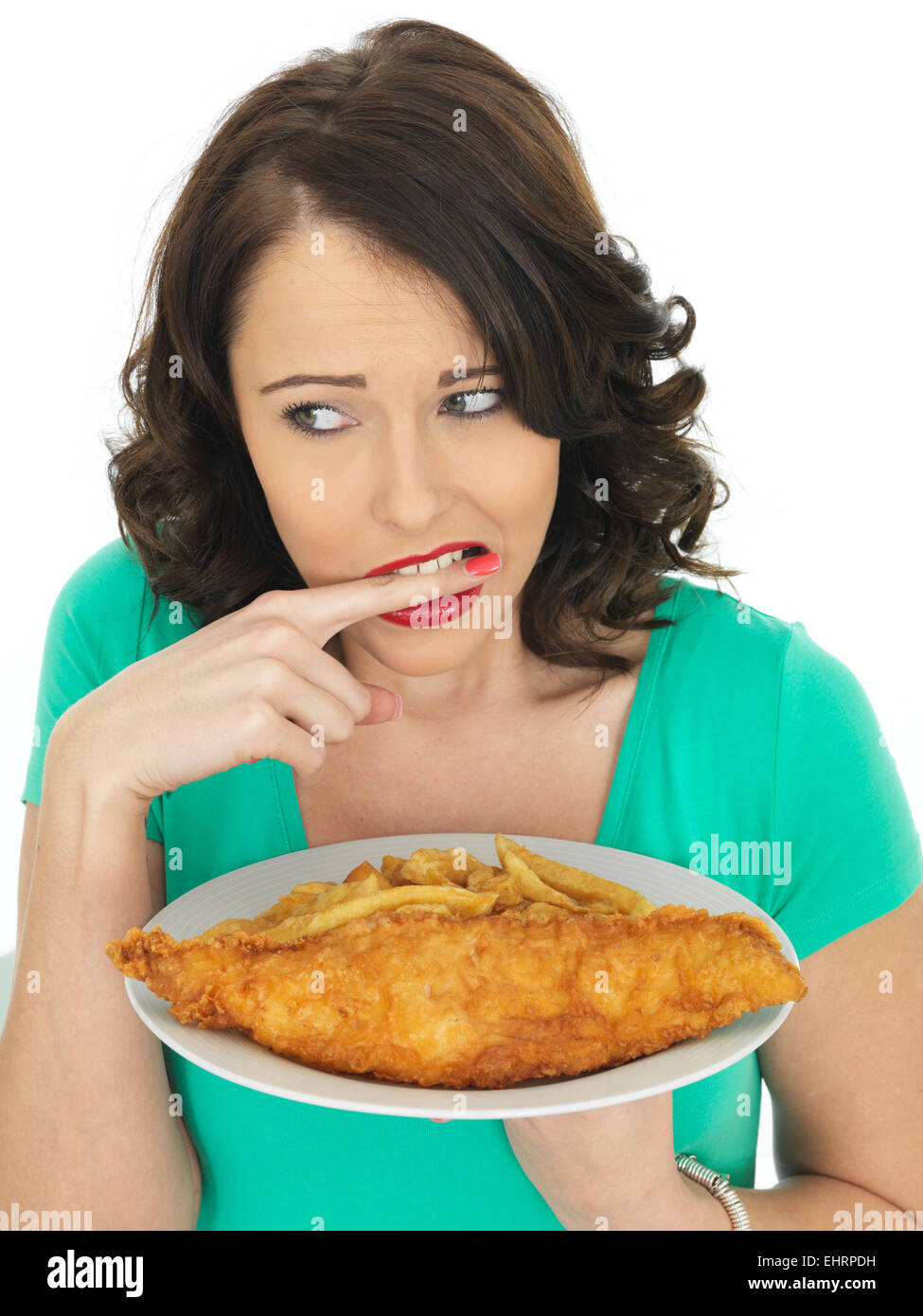 Positive Confident Young Woman Eating Traditional Chip Shop Takeaway ...