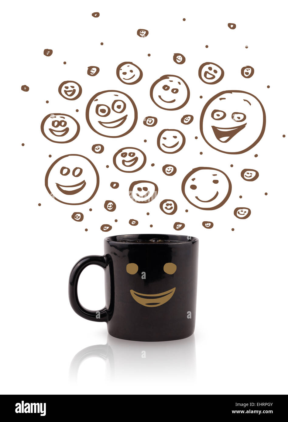 Coffee-cup with brown hand drawn happy smiley faces Stock Photo - Alamy