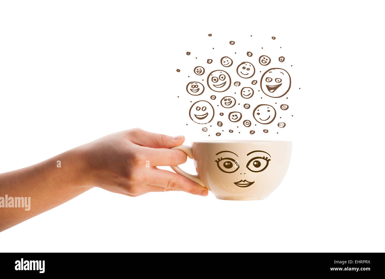 Coffee-cup with brown hand drawn happy smiley faces Stock Photo - Alamy
