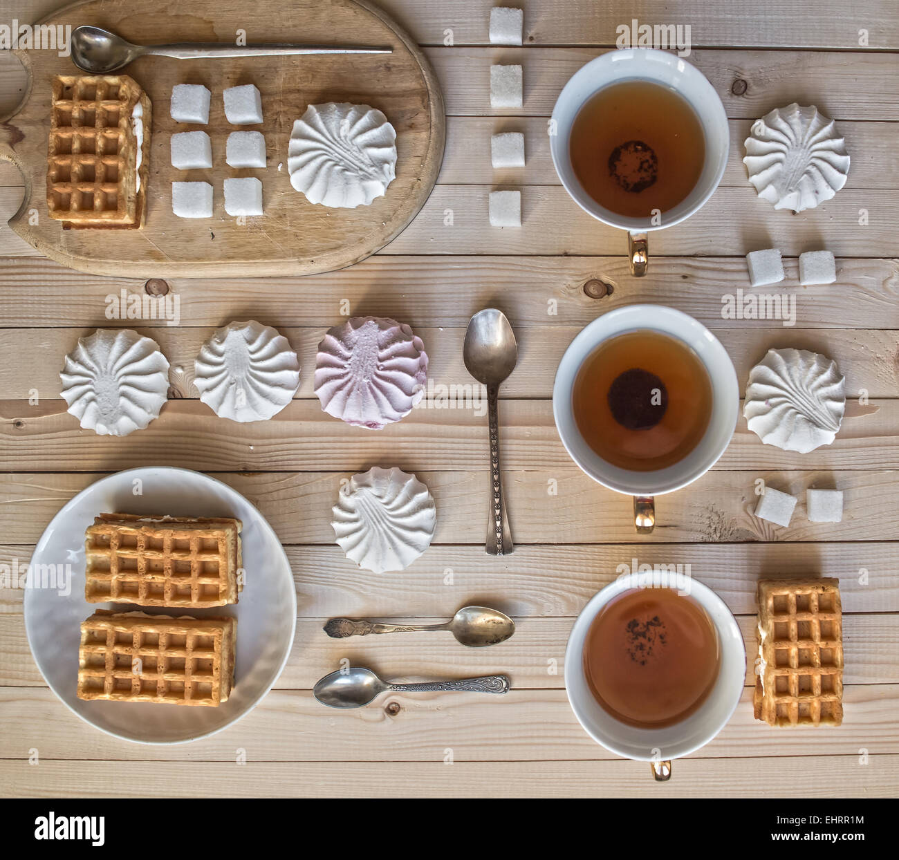 Tea with waffles and marshmallows Stock Photo - Alamy