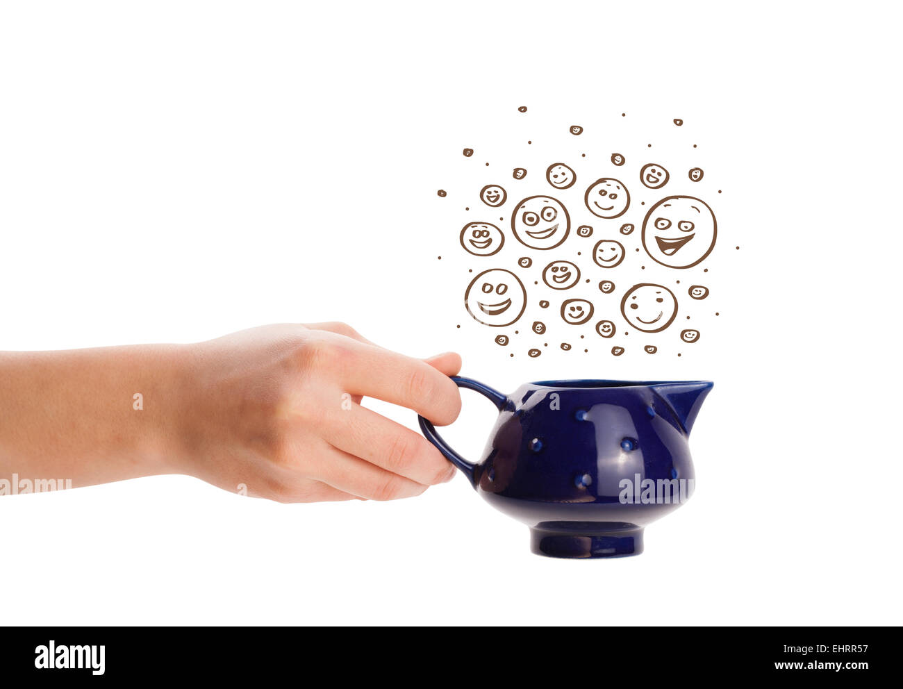 Coffee-pot with brown hand drawn happy smiley faces Stock Photo - Alamy
