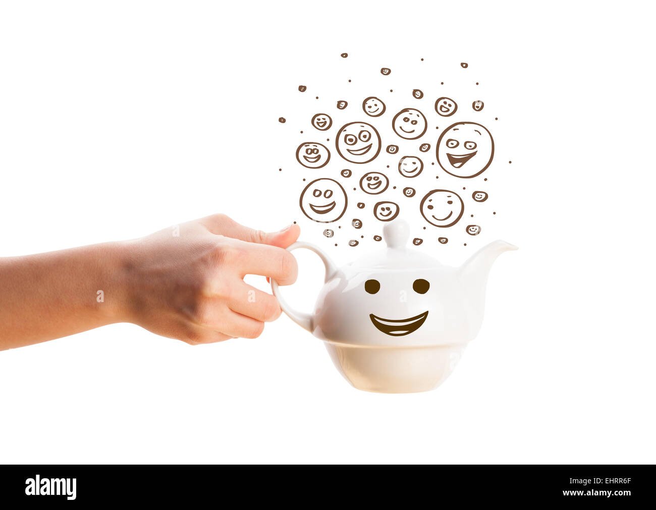 Coffee-pot with brown hand drawn happy smiley faces Stock Photo - Alamy