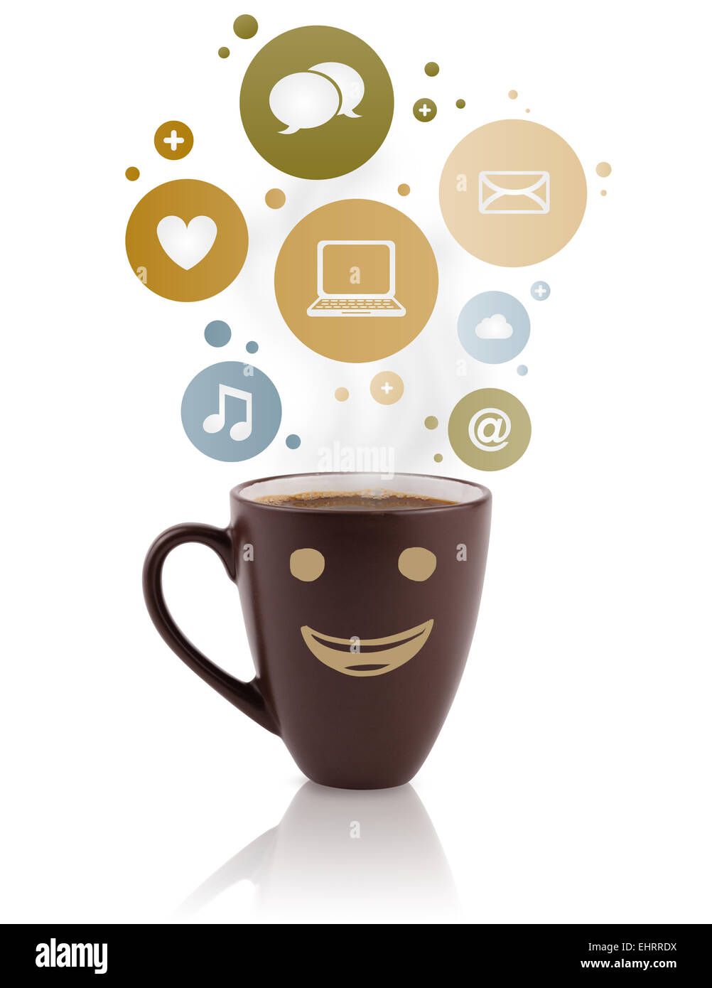 Coffee cup with social and media icons in colorful bubbles Stock Photo ...